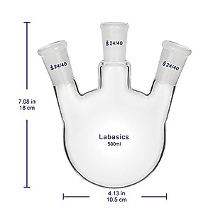 Labasics Glass 500ml 3 Neck Round Bottom Flask RBF, with 24/40 Center and Side Standard Taper Outer Joint, 500ml