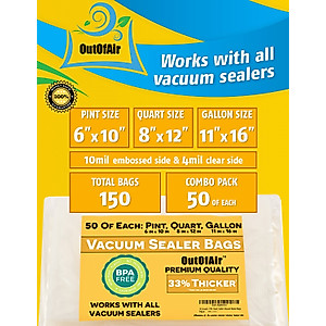 150 Vacuum Sealer Bags: 50 Pint (6" x 10"), 50 Quart (8" x 12"), 50 Gallon (11" x 16") by OutOfAir - Works with FoodSaver & Other Savers. 33% Thicker, BPA Free, Great for Sous Vide