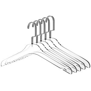 Quality Clear Acrylic Clothing Hangers – 5-Pack, Stylish Clothes Hanger with Silver Hooks - Coat Hanger for Dress, Suit - Closet Organizer Adult Hangers - Space Saving Cloth Hangers (Silver Hook, 5)