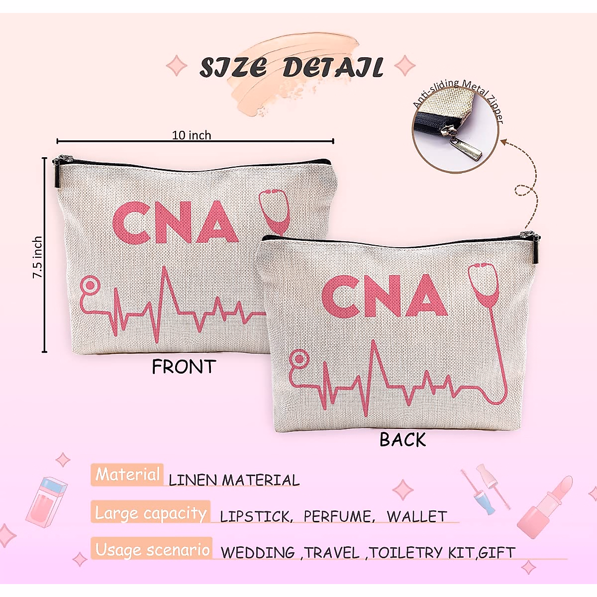 Pink CNA Certified Nursing Assistant Makeup Bag Travel Cosmetic Bags for Women Girls,Retro 70s Groovy Cosmetic Bags with Zipper Pouch Travel Toiletry Case,CNA Medical Student Gift,CNA Week Gift