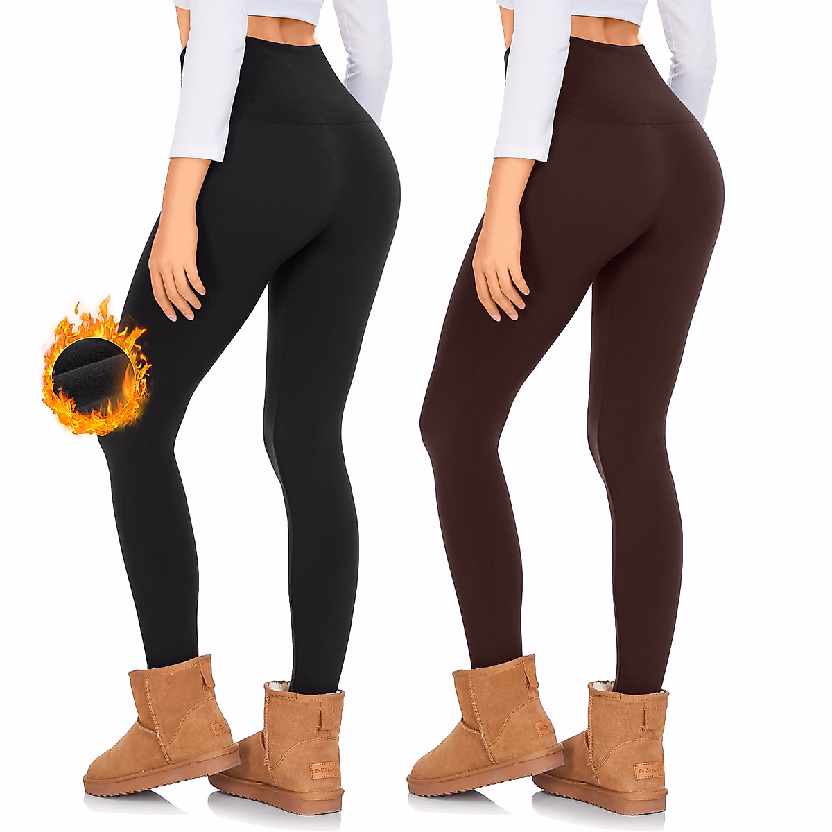 2 Pack Fleece Lined Leggings Women-High Waisted Winter Tummy Control Thermal Warm Yoga Pants for Hiking Workout(Small-Medium, B-2 Pack-Black,Brown)