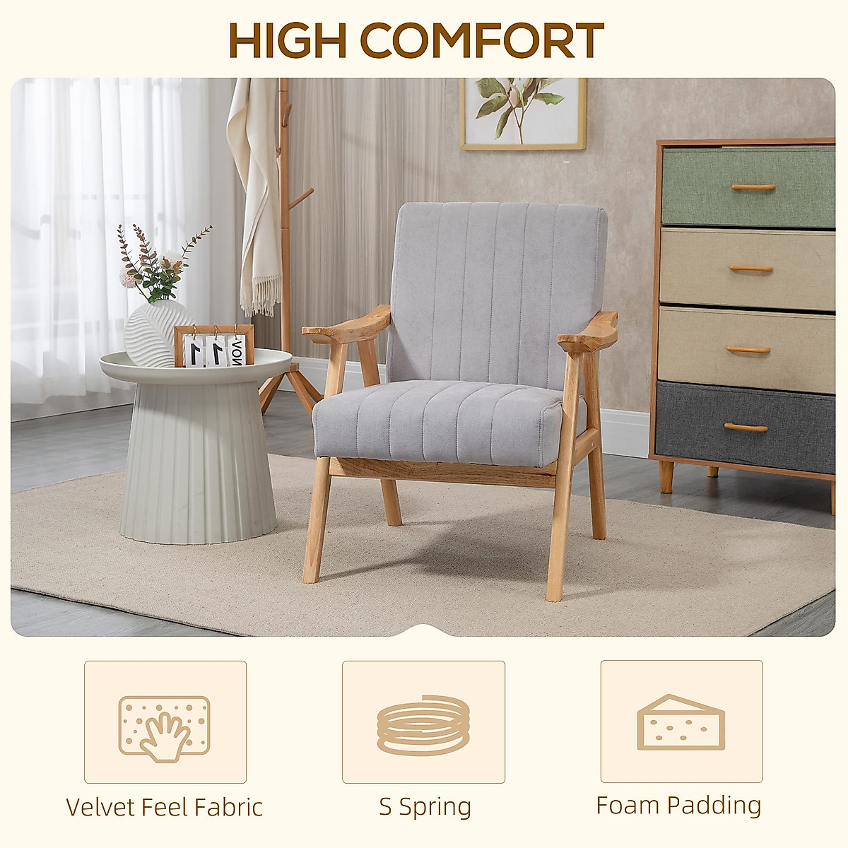 HOMCOM Mid-Century Modern Accent Chair, Upholstered Arm Chair for Living Room, Comfy Chair for Bedroom with Wood Legs, Gray