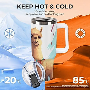 LLUTSNTH 40 Oz Vacuum Tumbler with White Handle Leakproof Insulated Tumbler Llama Alpaca Stainless Steel Travel Mug with Lid And Straw Coffee Cup Cute Water Bottles Cup Holder Friendly