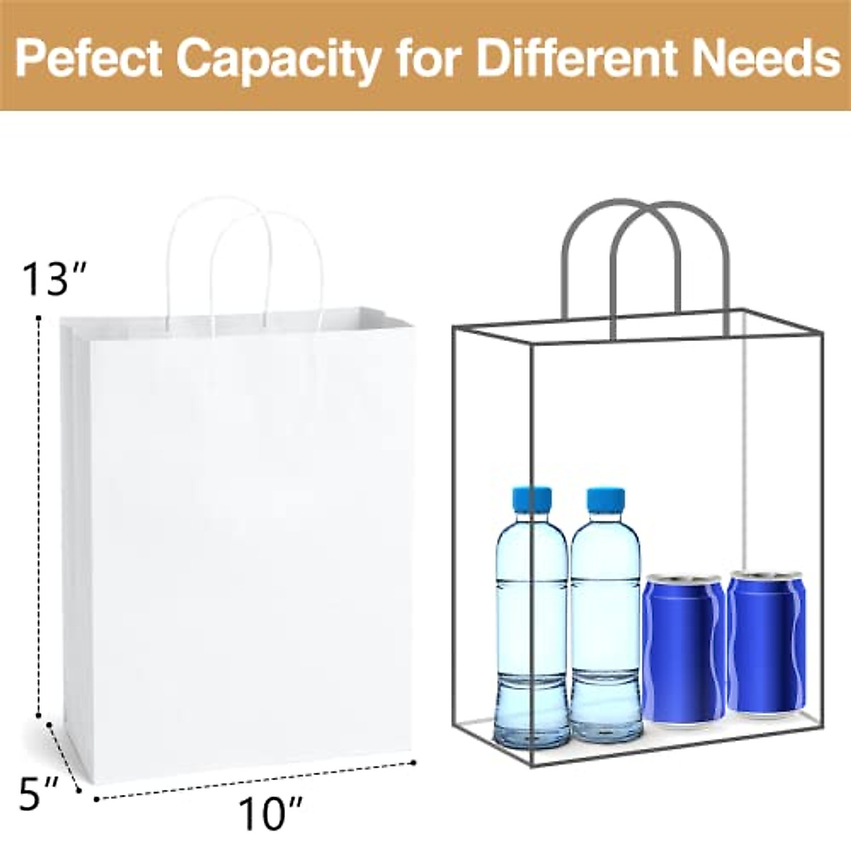 Poever White Paper Bags with Handles 10x5x13 Kraft Gift Bags 100 PCS Bulk, Large Shopping Bags Party Favor Bags Goodie Bags Grocery Bags Merchandise Bags for Packaging Products Recyclable