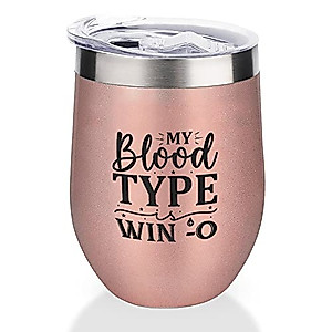 Mighun Wine Tumbler with Lid My Blood Type Is Win Vacuum Coffee Tumbler Stainless Steel Coffee Cup for Cold & Hot Drinks Wine Coffee Cocktails Beer (12 Oz, 1 Pack)