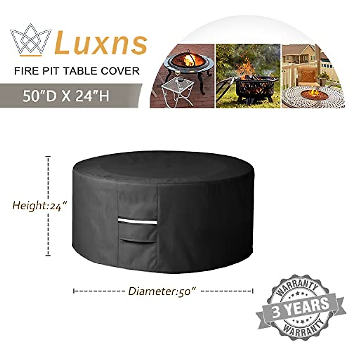Luxns Fire Pit Cover Round, Heavy Duty Waterproof 600d Patio Outdoor Gas Fire Pit/Table/Bowl Cover - Black (Round-50”D X 24”H)