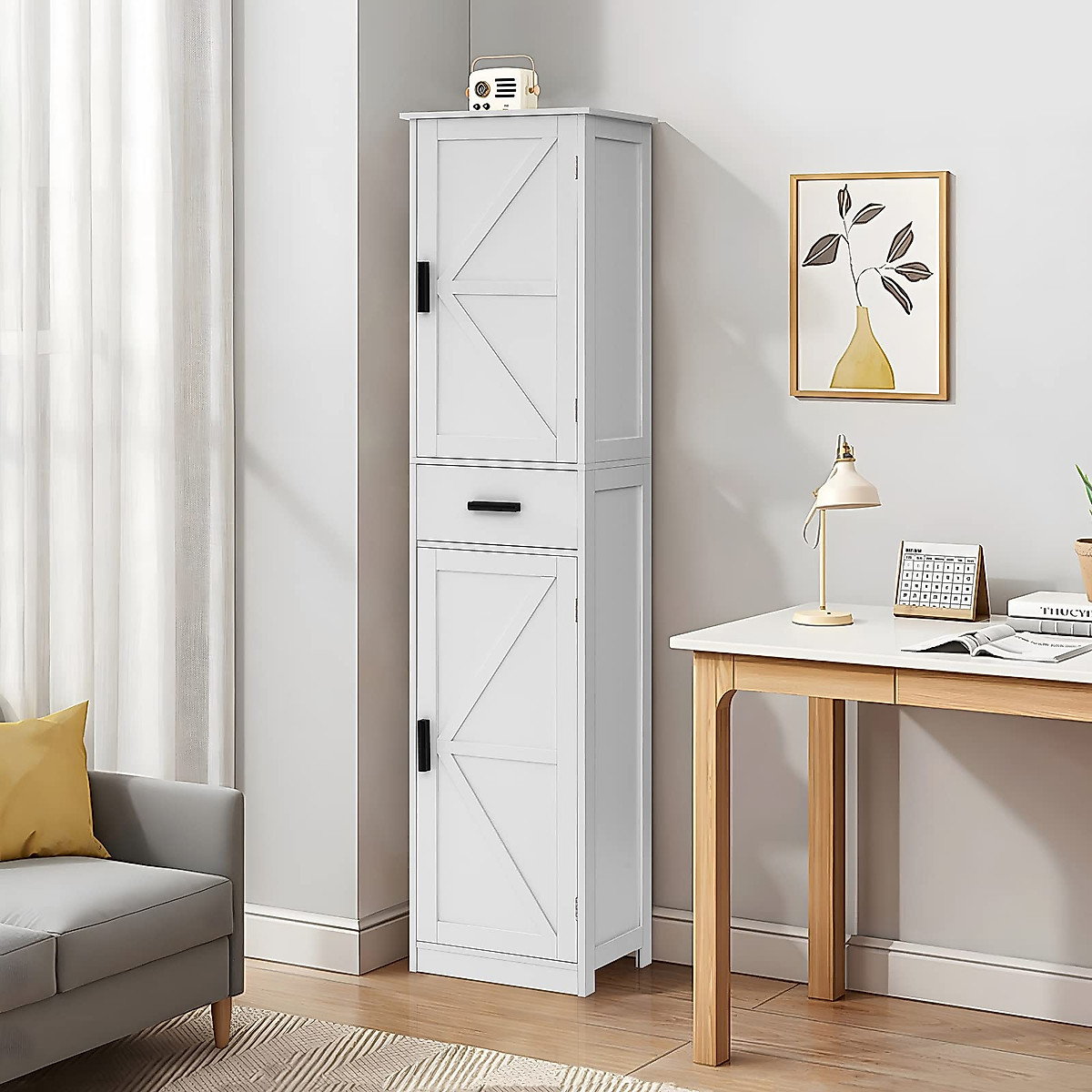 WEENFON Tall Bathroom Cabinet, Storage Cabinet with 6 Shelves & Drawer, Bathroom Storage Cabinet with Ajustable Shelves, Tall Cabinet for Living Room, Home Office, White