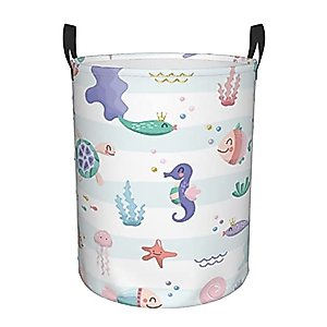 Laundry Basket,Sea Fish Characters Cartoon,Large Canvas Fabric Lightweight Storage Basket/Toy Organizer/Dirty Clothes Collapsible Waterproof For College Dorms-Large