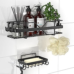Bathroom Shower Organizer, YASONIC 2-Pack Strong Adhesive Shower Caddy with Soap Holder and 8 Hooks, No Drilling Wall Mounted Rustproof Stainless Steel Shower Shelf, for Inside Shower, Bathroom, Black