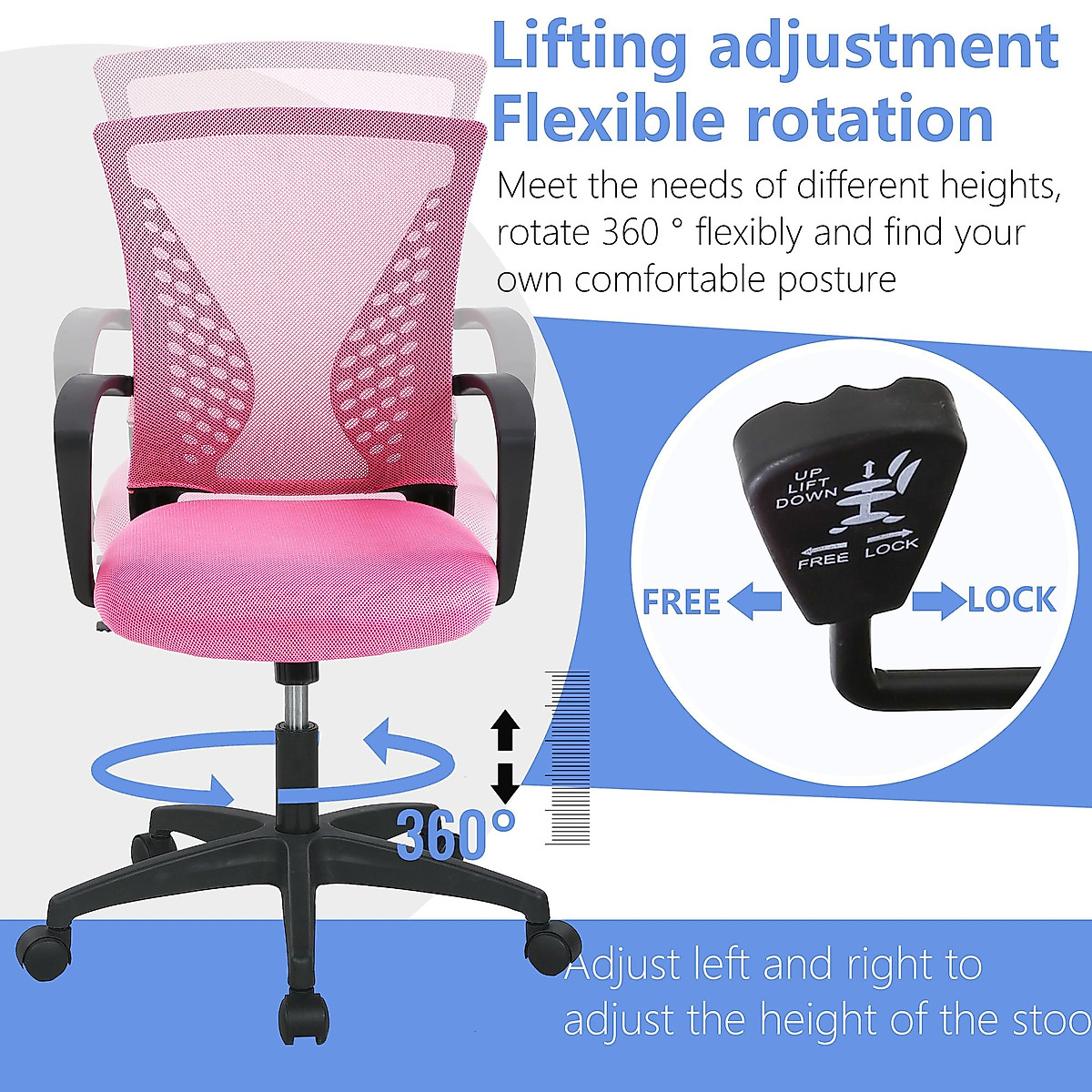 PayLessHere Office Chair Desk Chair Computer Chair Ergonomic Chair Adjustable Executive Mesh Mid Back with 360 Degree Swivel Wheels Lumbar Support Armrest (Pink)