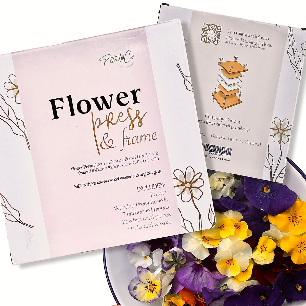 Petal Co Wooden Flower Press 7inch x 7inch with Frame for pressed flowers and leaves including Ultimate Guide to Flower Pressing