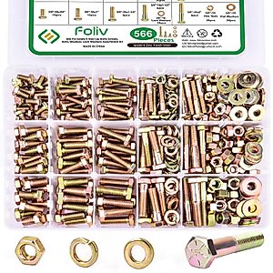 FOLIV 566Pcs Heavy Duty Bolts and Nuts Assortment Kit, Grade 8 Hex Screws Bolts Nuts Kit, 1/4-20 5/16-18 3/8-16, 15 Common Sizes Included