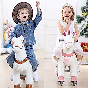 PONYEEHAW Ride on Unicorn Toys, Kids Riding Unicorn Toys Ride on Toys for 6-14 Years Old, Premium Plush Animals Toys Walking Unicorn with Wheels (White and Pink, 31.5" L x 13" W x 36.2" H)
