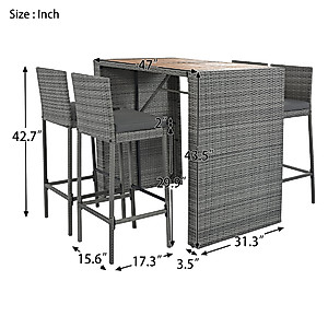 XD Designs 5-Pieces Outdoor Patio Bar Set, All-Weather PE Wicker Counter Height Dining Table Set, Acacia Wood Table Top, Comfort 4 Bar Chairs with Ergonomic Backrests, Footrest and Removable Cushion