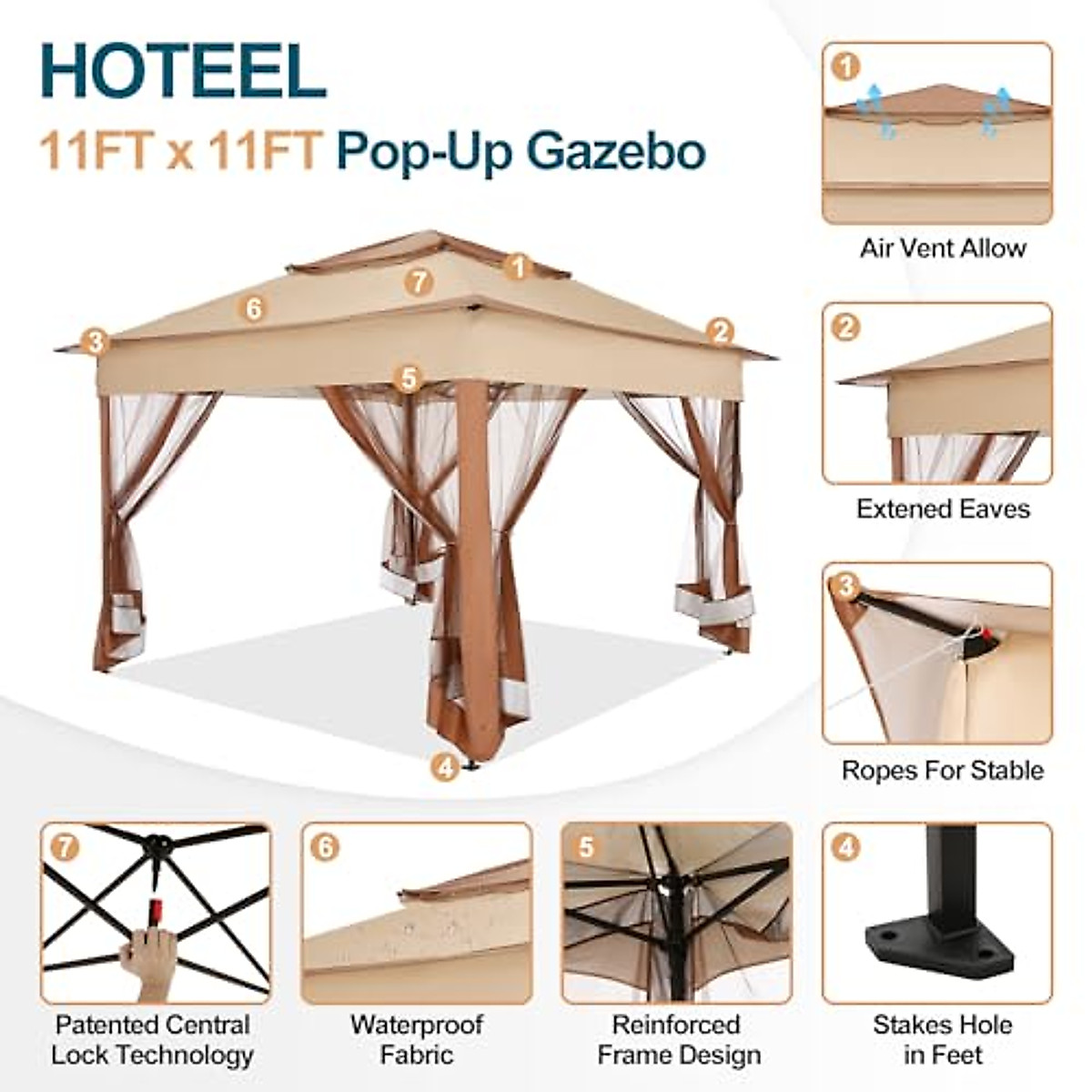 COBIZI 11x11 Pop Up Gazebo Canopy Tent Easy Up Outdoor Gazebo Waterproof Upgrade Portable Gazebo with Mosquito Nettings, Double Vented Roof and Carry Bag for Patio Garden Lawn(Khaki)