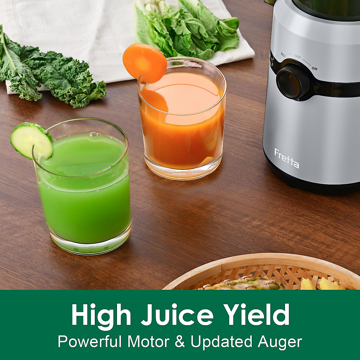 Cold Press Juicer Machines,Fretta Slow Masticating Juicer Machines with 4.25" Large Feed Chute,Fit Whole Fruits & Vegetables Easy Clean Self Feeding,High Juice Yield,BPA Free (Silver)