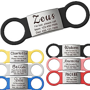Anavia Slide On Silent Pet ID Tags, S/M/L/XL Personalized Multi-Color Silicone Band Cat Dog Name Tags, Customized Engraved Stainless Steel, Chew-Proof Quiet Dog Collar Tags (Small, Black)