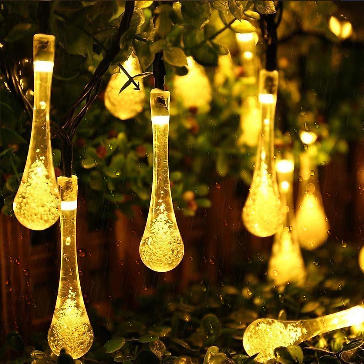 SEYEON Solar String Lights Water Drop Decorative Lights String Waterproof Outdoor Garden Fairy Lights for Patio, Yard, Home, Parties 2-Pack (Warm White)
