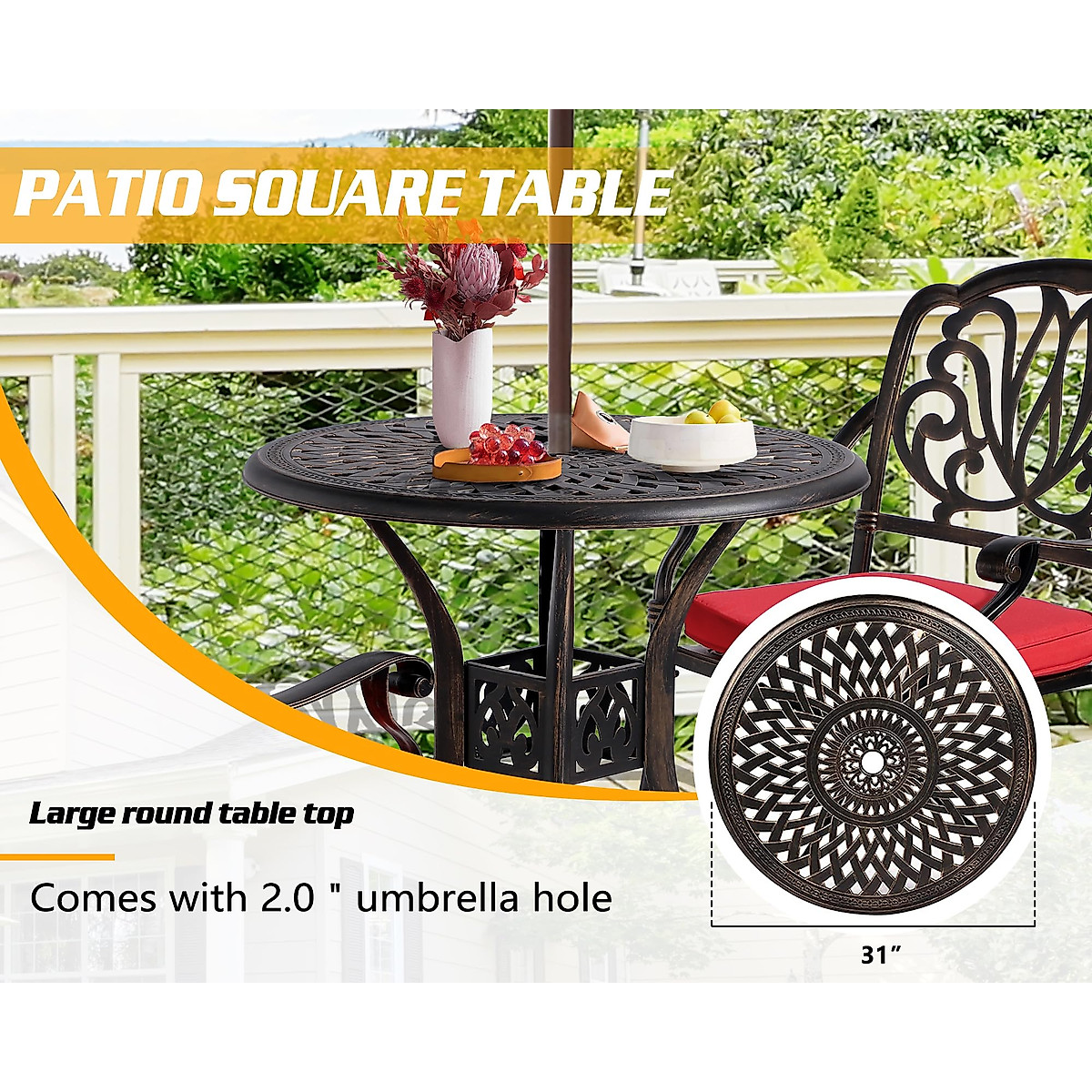 TITIMO 3 Piece Cast Aluminum Patio Dining Set,Outdoor Furniture Bistro Set, All-Weather Cast Aluminum Conversation Set Includes Table and Chairs w/Cushions and Umbrella Hole for Patio Garden (Red)