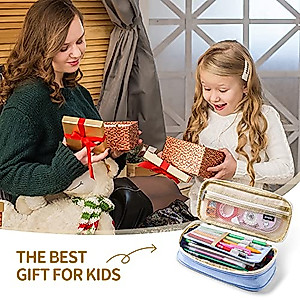 Teuki Large Pencil Case for Girls Boys Adults, Expandable Cute Pencil Case Large Capacity Pencil Pouch Bag for Office School Stationery Organizer Durable Pencil Cases with Sticky Notes, Beige Blue