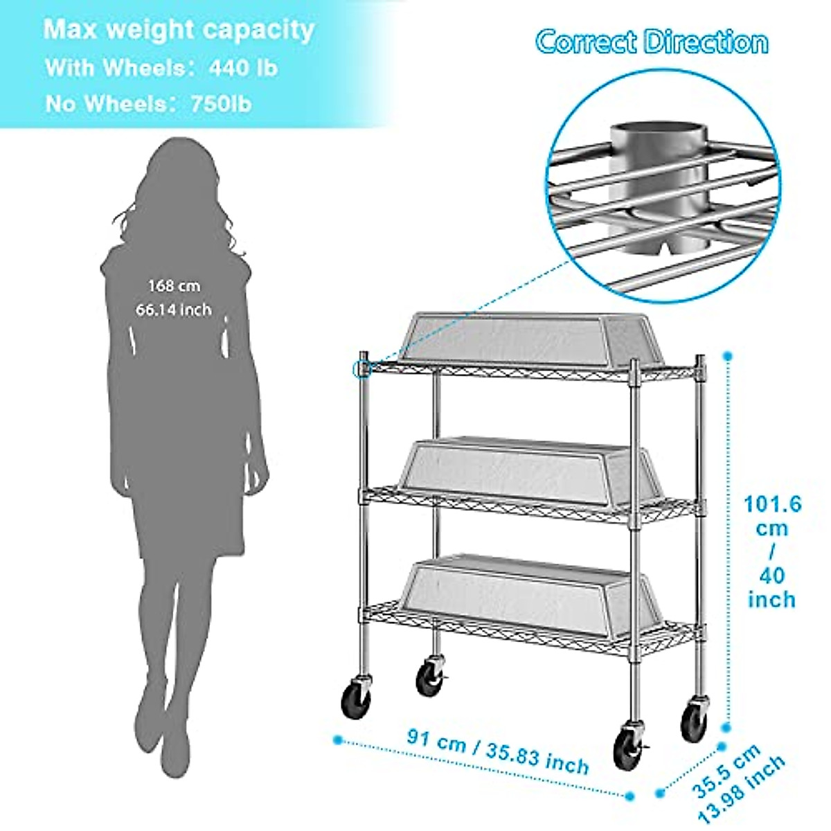 Auslar 3-Shelf Storage Shelves with Casters Heavy Duty 3-Tier Rolling Cart Utility Racks Adjustable Wire Metal Storage Shelving, Chrome