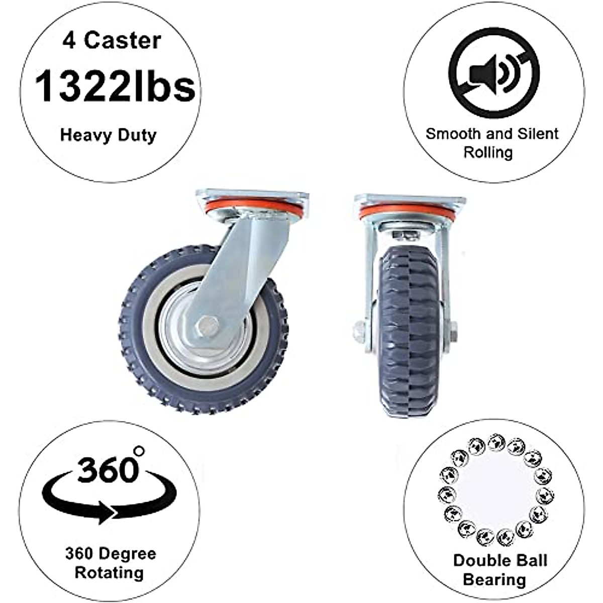 Chrov 6 Inch Heavy Duty Plate Casters Wheels Set of 4 Swivel Casters 1322lbs Smooth Silent 360 Degree Rotation Ball Bearing (2 with Brake Lock, 2 Without Brake)