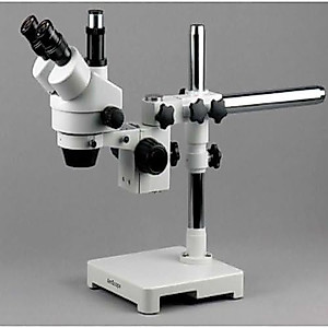 AmScope SM-3TZ Professional Trinocular Stereo Zoom Microscope, WH10x Eyepieces, 3.5X-90X Magnification, 0.7X-4.5X Zoom Objective, Ambient Lighting, Single-Arm Boom Stand, Includes 0.5X and 2.0X Barlow Lenses