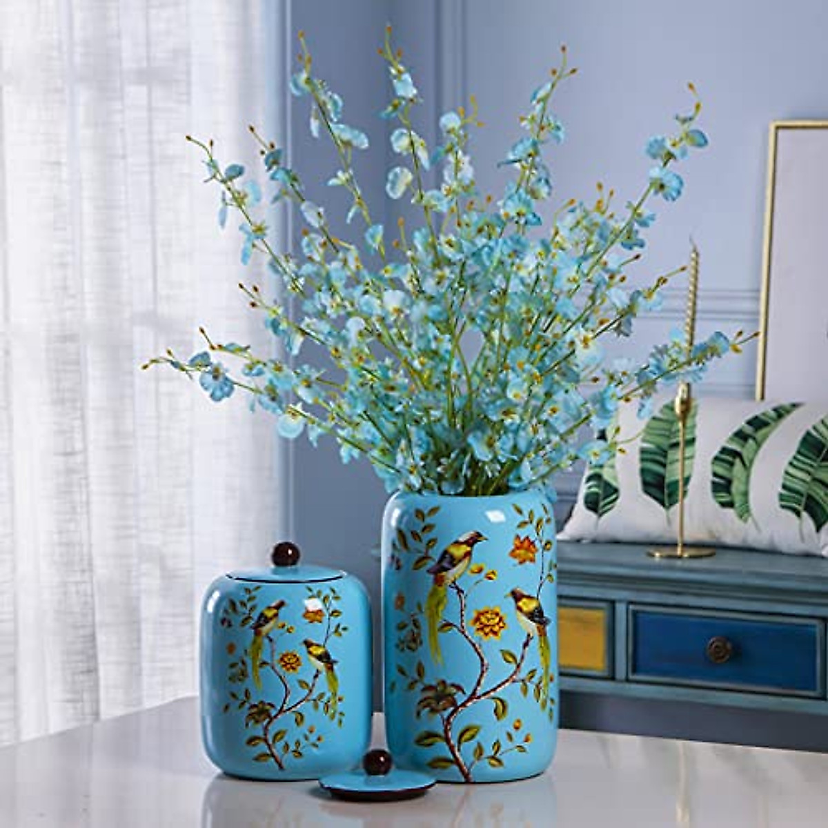 Blue Ceramic Cylinder Vase Ginger Jar with Lid for Home Decor, Floral Bird Temple Jar Vase Traditional Porcelain Dried Flower Vases Gift Jar Decoration for Living Ro S