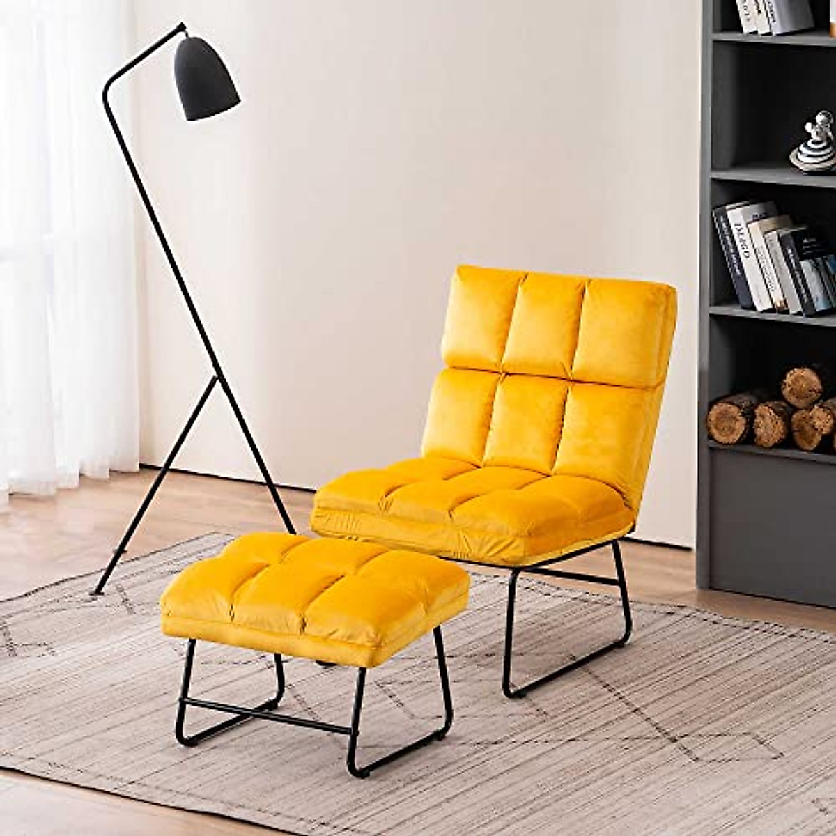 MCombo Accent Chair with Ottoman, Velvet Modern Metal Legs, Club Chair Lounge Sofa Couch for Living Reading Room Bedroom 0014 (Yellow)
