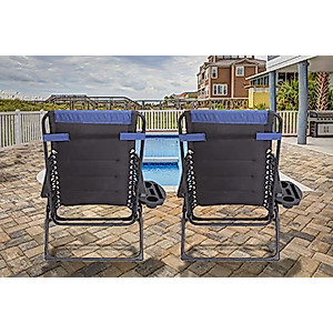 BTEXPERT Blue Black Oversized Padded Zero Gravity Chair Folding Recliner Case Lounge Outdoor Pool Patio Beach Yard Garden Utility Tray Cup Holder