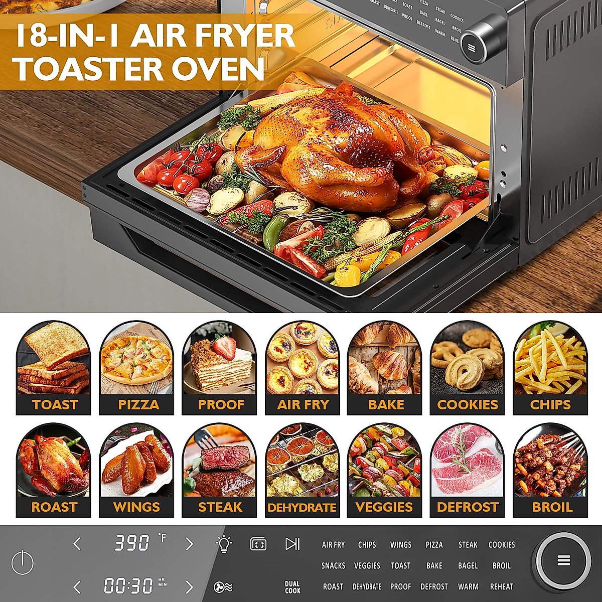 APEXCHASER Air Fryer Toaster Oven Combo, 32QT/30L Large Countertop Convection Toaster Oven, 18-in-1 Functions, Fits 13" Pizza, 9-Slice Toast and 13 Lbs Chicken, Basket, Tray(4 Accessories) Included