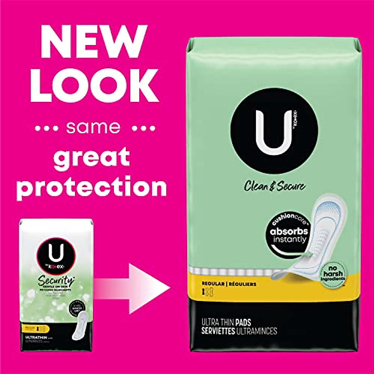 U by Kotex Clean & Secure Ultra Thin Pads, Regular Absorbency, 176 Count (4 Packs of 44) (Packaging May Vary)