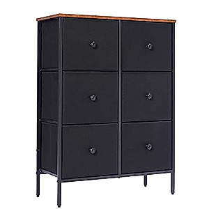 DOVAMY 6 Drawer Dresser for Bedroom, Fabric Dresser Organizer, Tall Dresser with Vintage Wooden Top, Steel Frame, Chest of Drawers, Closet, Nursery and Living Room, Black