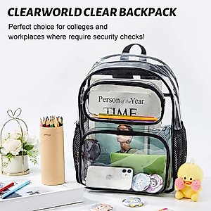 Clearworld Clear Backpack,Transparent Stadium Backpack with Reinforced Bottom & Multi-pockets, See Through Bookbag for Work, Security Check & Sporting Events