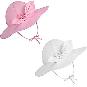 2 Pieces Baby Girls Sun Hat Adjustable Sun Protection Summer Beach Wide Brim Hat (White and Pink,0-12 Months)