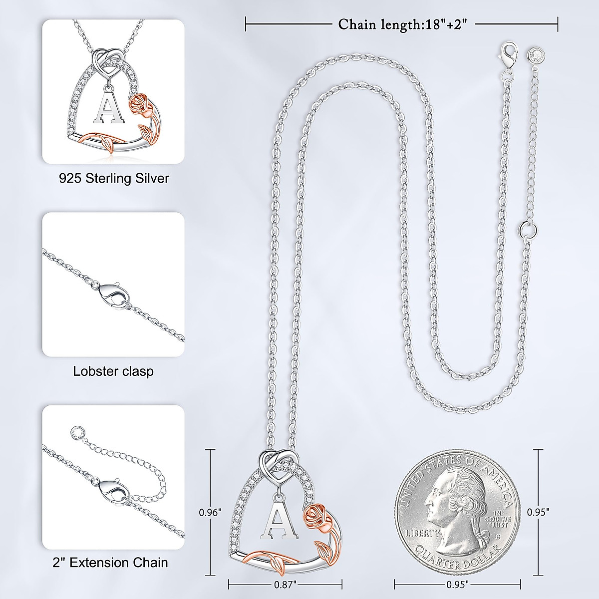 Dainty Rose Heart Necklace Gifts for Women, Sterling Silver Initial A Letter Heart Pendant Necklace Jewelry Anniversary Valentines Day Gifts for Her Mothers Day Christmas Birthday Gifts for Women Her