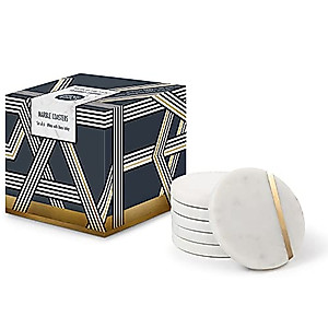 Cork & Mill Marble Coasters for Drinks - Set of 6 Handcrafted Modern Coasters - 4" Wide Drink Coasters - White Marble Coasters with Gold Brass Inlay - Made from Real Solid Marble