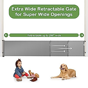 200 Inch Retractable Baby Gates Extra Wide Retractable Dog Gate for Super Wide Openings Indoor Extra Wide Baby Gate Outdoor Retractable Gates for Dogs Baby Fence Play Area Garage Gate Deck Gate, Gray