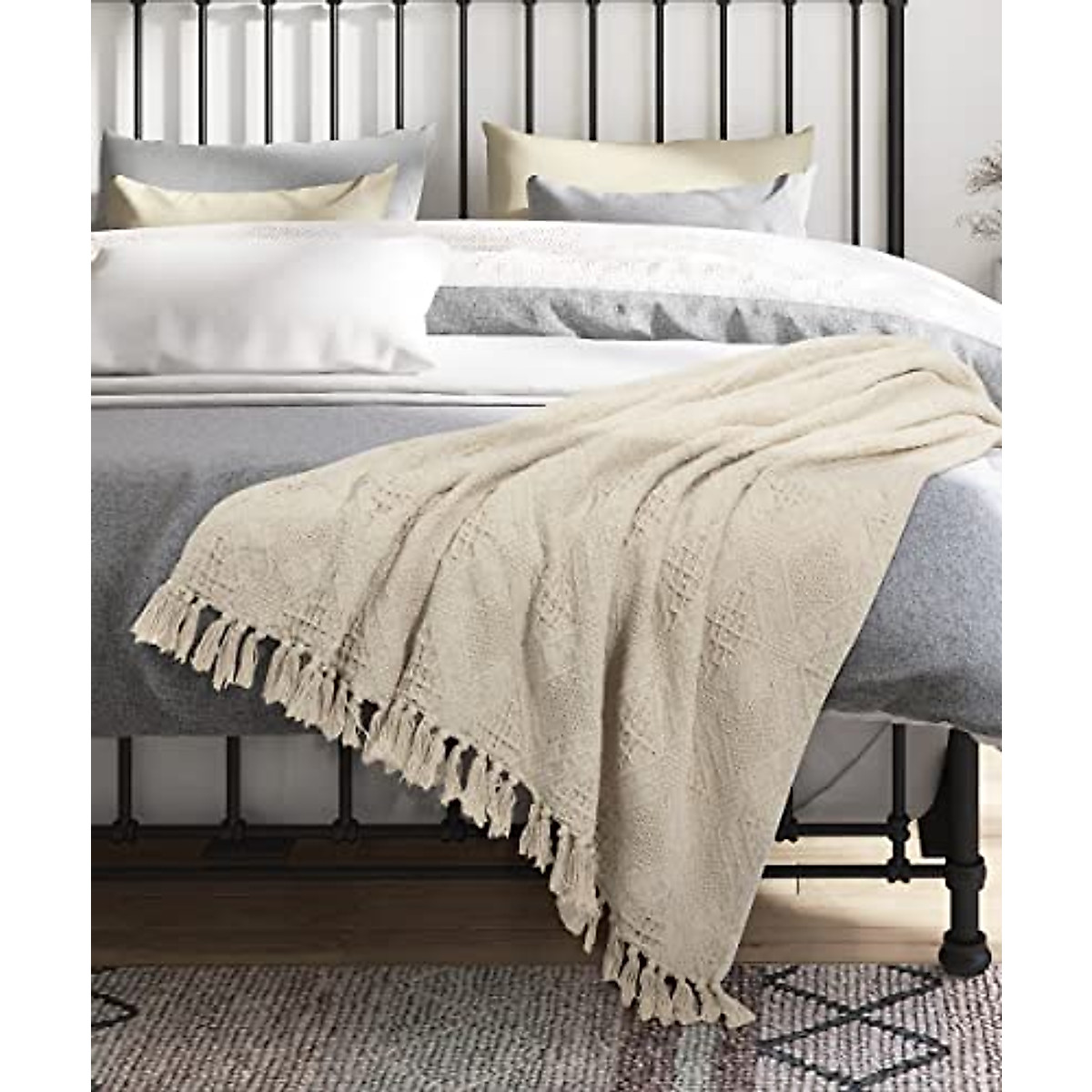 Maxpeuvon Beige Throw Blanket Boho Soft Cozy Knit Blanket with Tassel, Solid Decorative Blankets and Throws, Decor Blanket for Bed, Travel Blanket, Sofa, 50"×60"