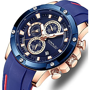 Tonnier Watches for Mens, Analog Chronograph Quartz Movement, Waterproof and Scratch Resistant, Silicone Strap Watches, Quartz Army Work Watches Blue Golden