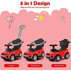 GLACER Push Cars for Toddlers 1-3, 3-in-1 Kids Sliding Car with Detachable Guardrail, Horn, Music, Lights, Storage Box and Anti-Roll Design, Ride on Push Car for Boys Girls (Red)