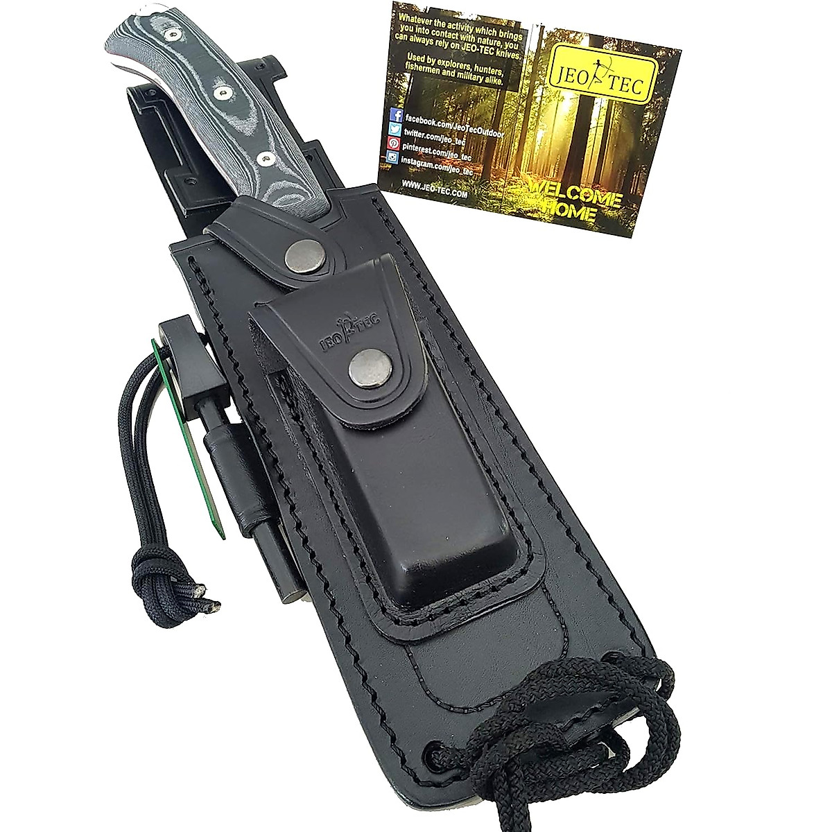 JEO-TEC Nº55 Full Tang Bushcraft Survival Hunting Camping Fishing Knife, Fixed Blade 6.7" MOVA-58 Scandi, Genuine Leather Multi-Position Sheath + Firesteel + Sharpener Stone, Handmade