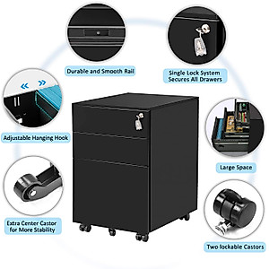 ModernLuxe 3 Drawer Metal Mobile File Cabinet with Lock Metal Filing Cabinet for Legal/Letter/A4/F4 Size Fully Assembled Home Office File Cabinet(Except Casters)