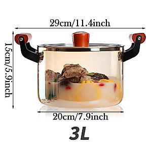 Hgjgwqh Glass Simmer Pot with Lid, Glass Pots for Cooking with Cover and Wooden Handle High Borosilicate Stovetop Cooking Pot for Pasta Noodle Soup Milk Baby Food, Amber, Glass Cookware,3L