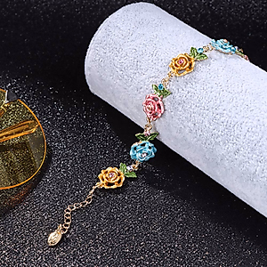 Puadun Elegant Cloisonne Flower and Leaf Bangle Bracelet with Sparkling Rhinestone Charm and Adjustable Extension Chain - Gift for Women, Comes in Gift Box