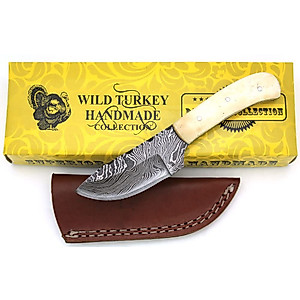 Wild Turkey Handmade Damascus Steel Collection Full Tang Bone Handle Fixed Blade Knife w/Leather Sheath Outdoors Hunting Camping Fishing (1)