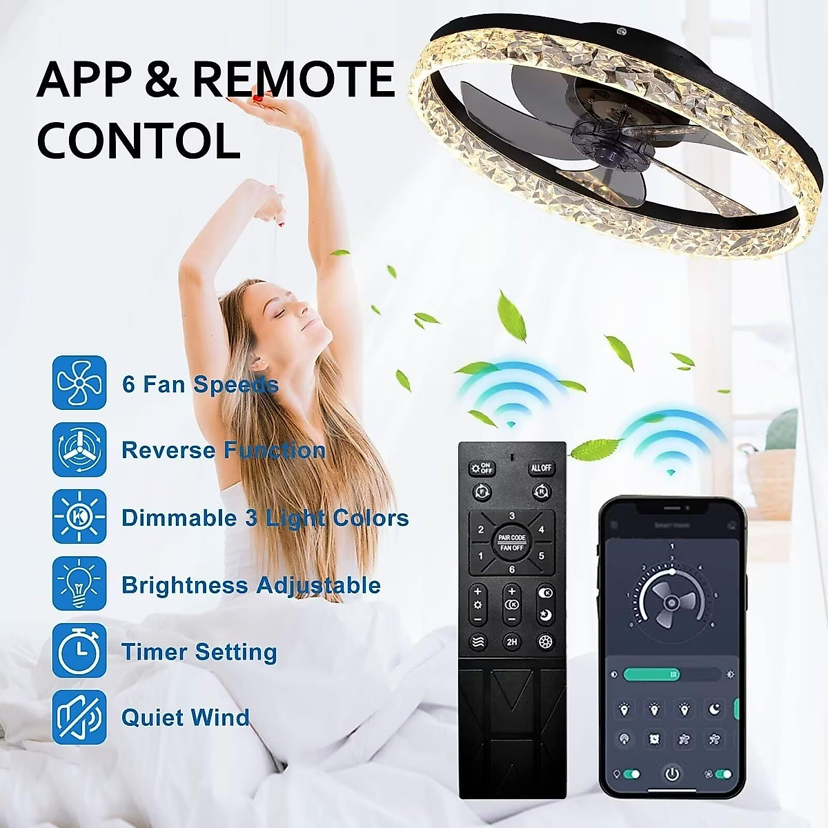 AHWEKR Ceiling Fan with Lights Dimmable LED Reversible Blades Timing with Remote Control, 5 Invisible Bladesflush Mount Ceiling Fan (18in, Black)