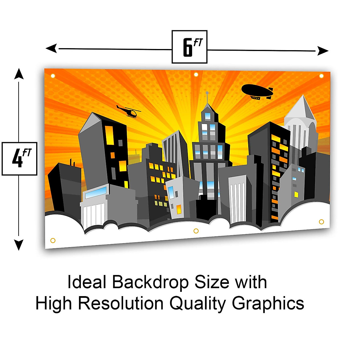 Bigtime Signs XL Superhero Backdrop with 6 Comic Action Word Photo Booth Props - Compliments Any Superhero Party Decorations - 4 x 6 ft - Cityscape Superhero Birthday Decorations Hangs on Wall Easily