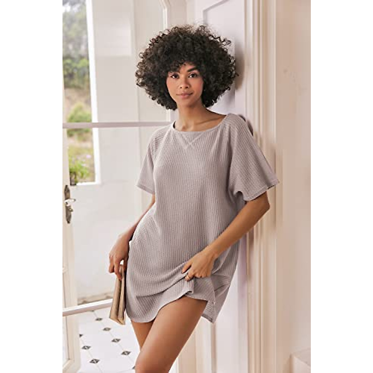 Ekouaer Women Soft Night Shirts V Neck Waffle Knit Loose Nightgowns Cute Sleepwear Light Curry M
