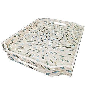 i-lan Mother of Pearl Inlay Serving Tray for Cocktail Ottoman,Coffee Table,Large Polygon Rustic Wooden Decorative Serving Tray for Breakfast,Snacks,Gadgets,Vintage Handcrafted Decorative Serving Tray